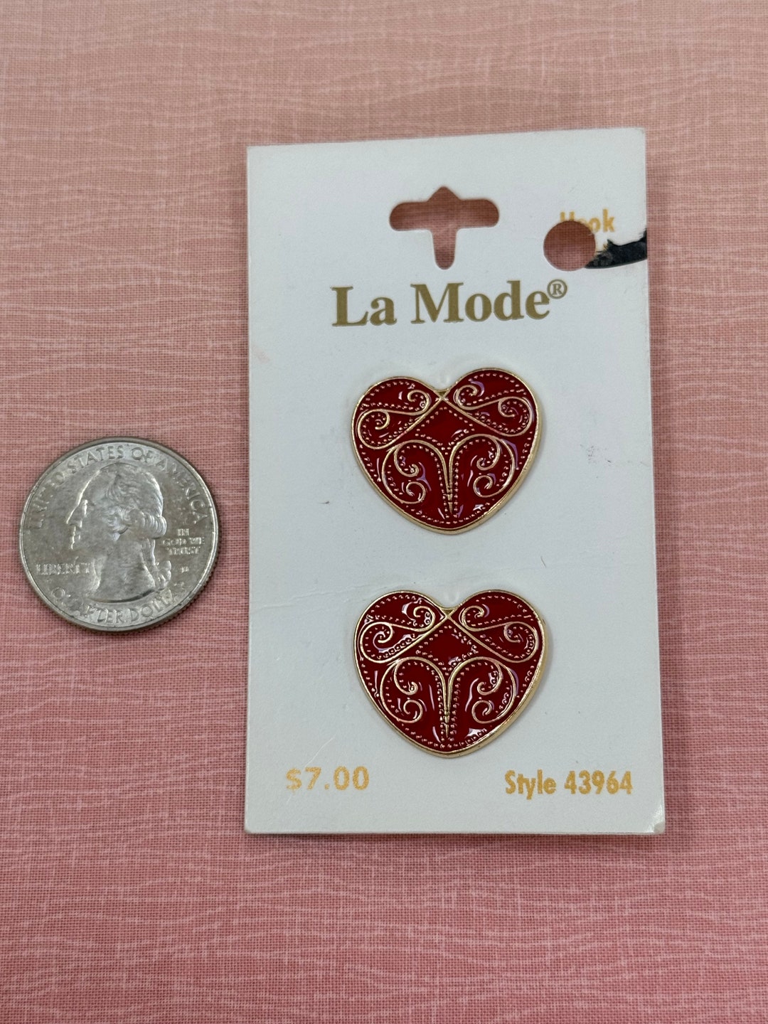 Set of 2 Vintage La Mode Buttons, Heart Shape, Red/gold, Made in Italy ...