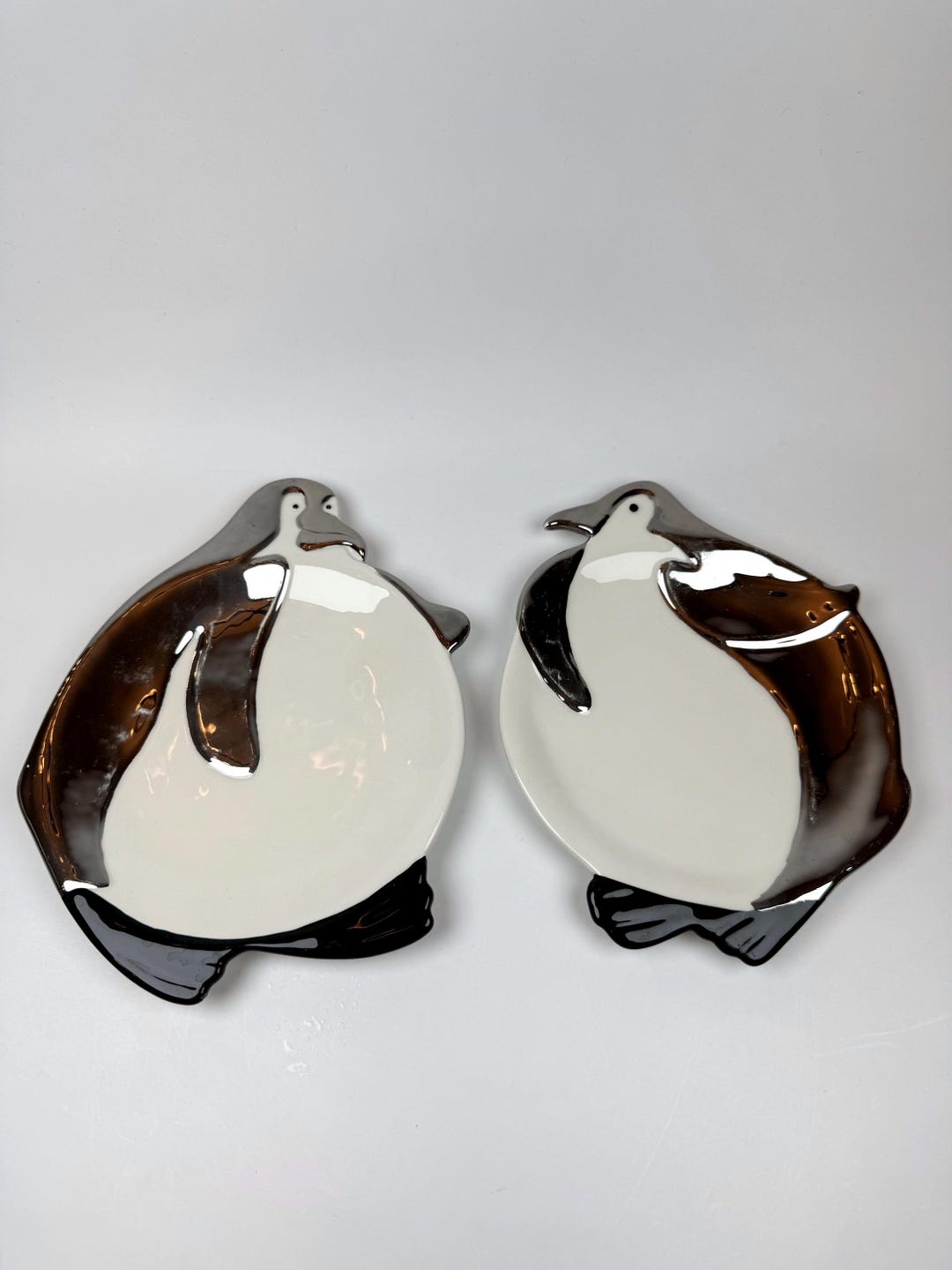 Lot of 2 Department 56 Silver & White Penguin Ceramic Dish Plate ...