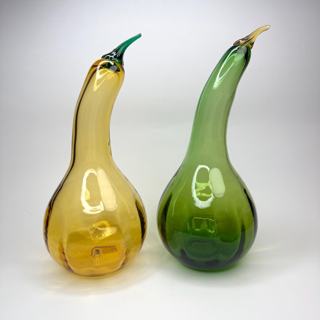 Pair of Vintage Blenko Glass Gourd| Green & Amber Hand Blown Sculptures ...