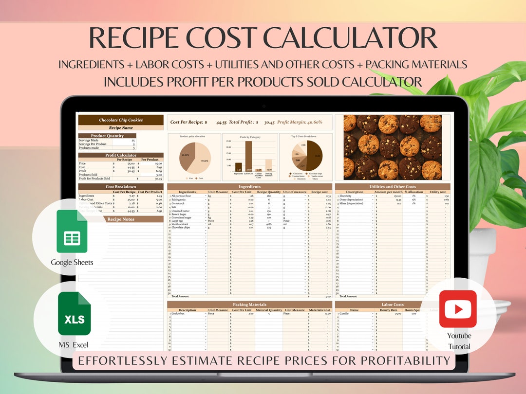 Recipe Costing Calculator for Cooking Baking Profit Template for ...