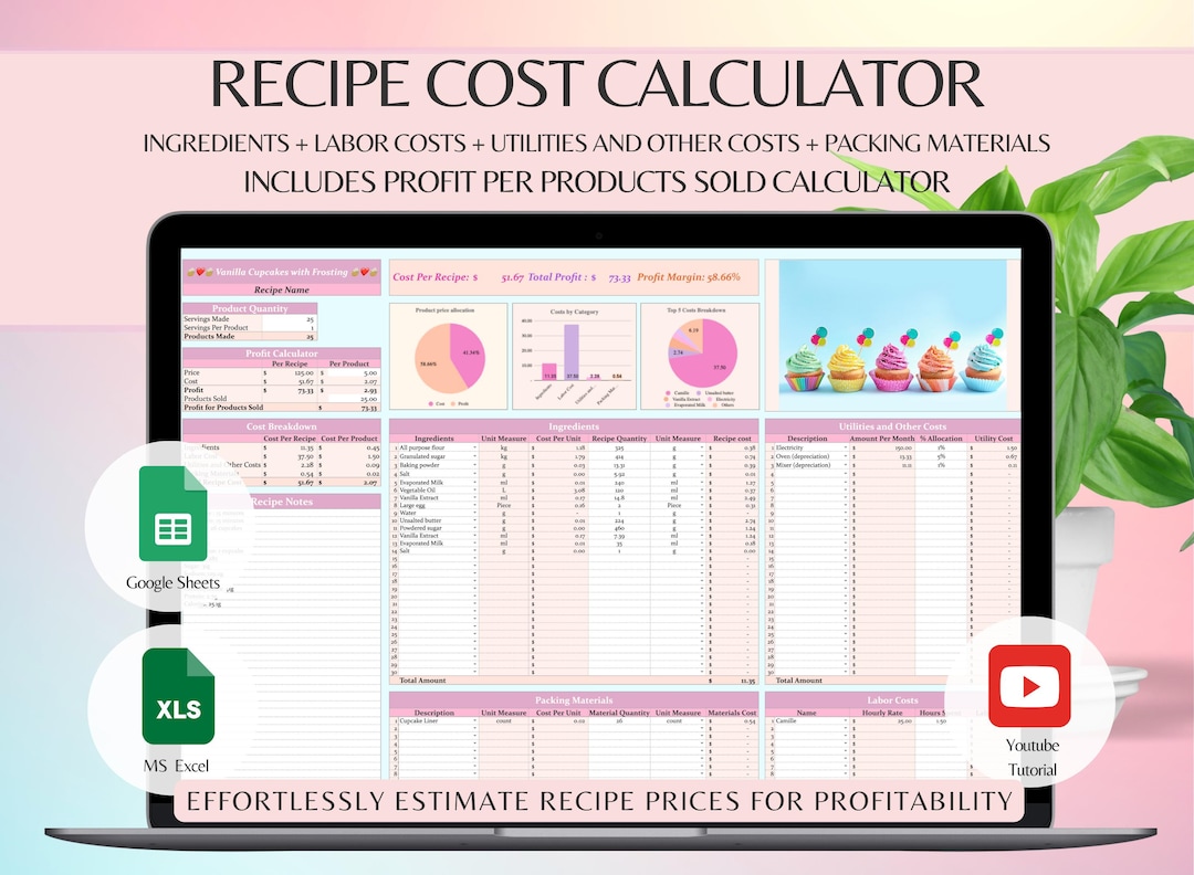 Recipe Cost Calculator Template for Baking Cupcakes and Desserts Pastry ...