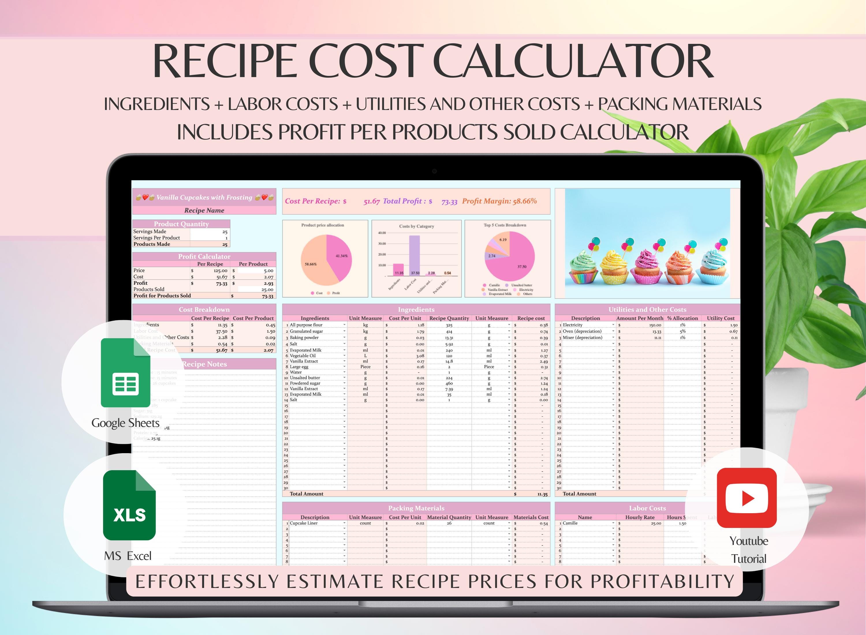 Recipe Cost Calculator Template for Baking Cupcakes and Desserts Pastry Chef Food Pricing ...