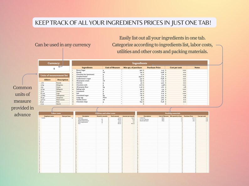Recipe Costing Calculator for Cooking Baking Profit Template for Pricing Food Product Cost ...