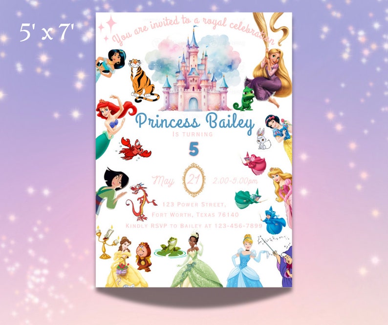 Editable, Princess Themed Birthday Invitation, 5th Birthday Invite ...