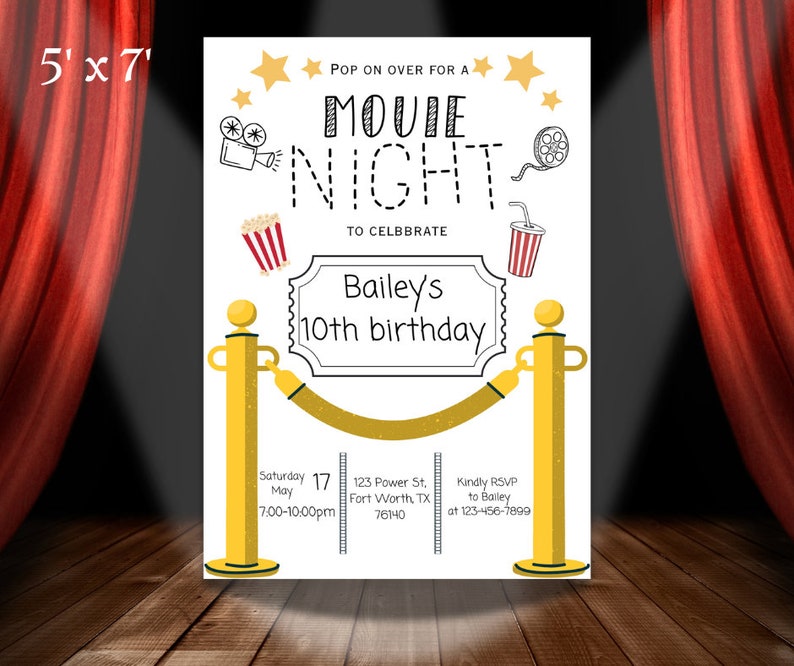 Editable, Movie Night Birthday Invitation, 10th Birthday Invite ...