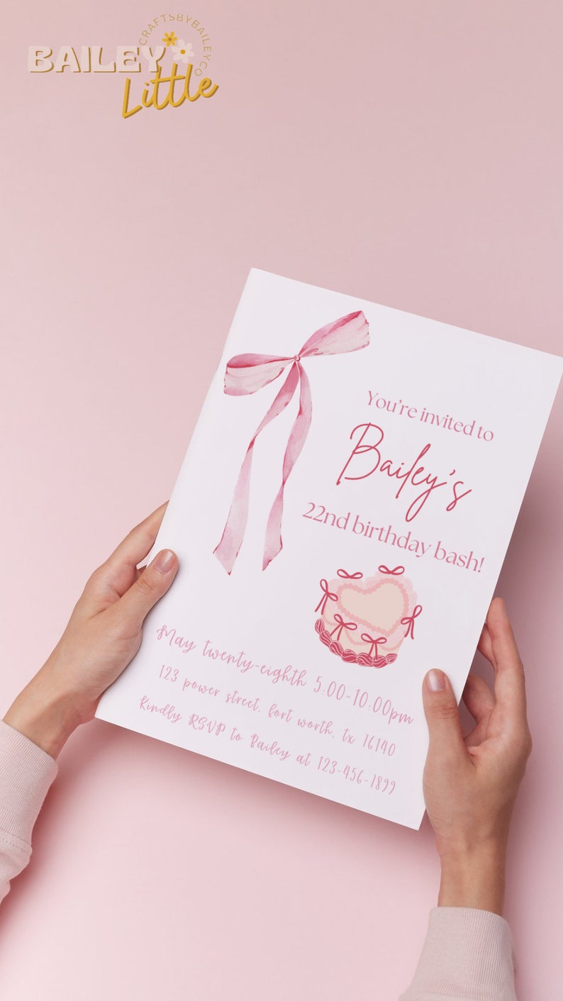 Editable, Bow Themed Birthday Invitation, 22nd Birthday Invite, Digital ...