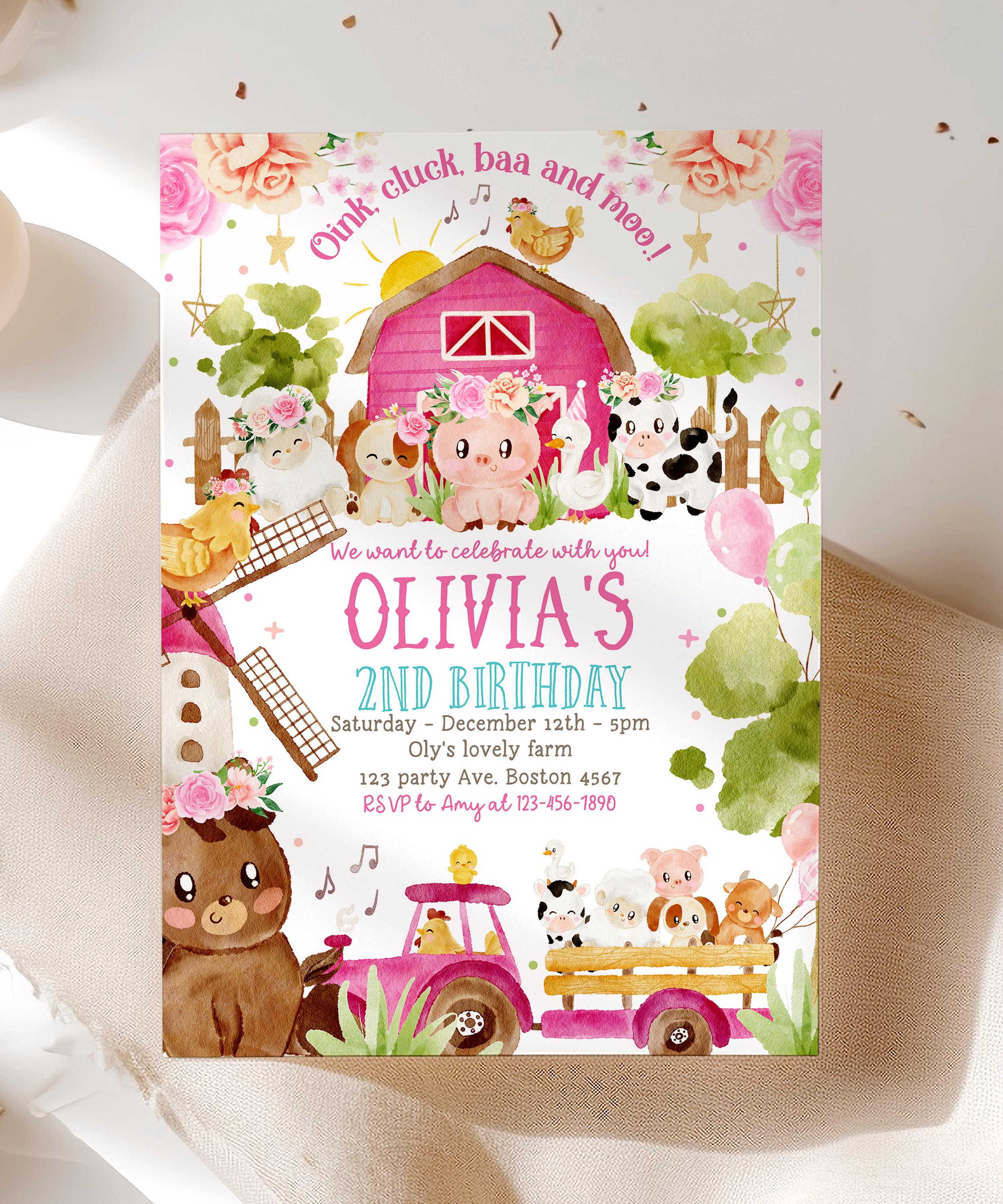Girl Farm Birthday Invitation, Farm Animals Birthday Invitation, Farm ...