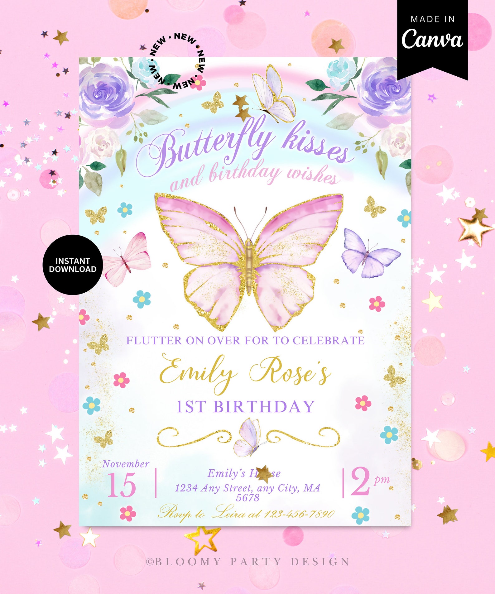 Butterfly Birthday Party Invitation, Pink & Gold Butterfly Invite ...