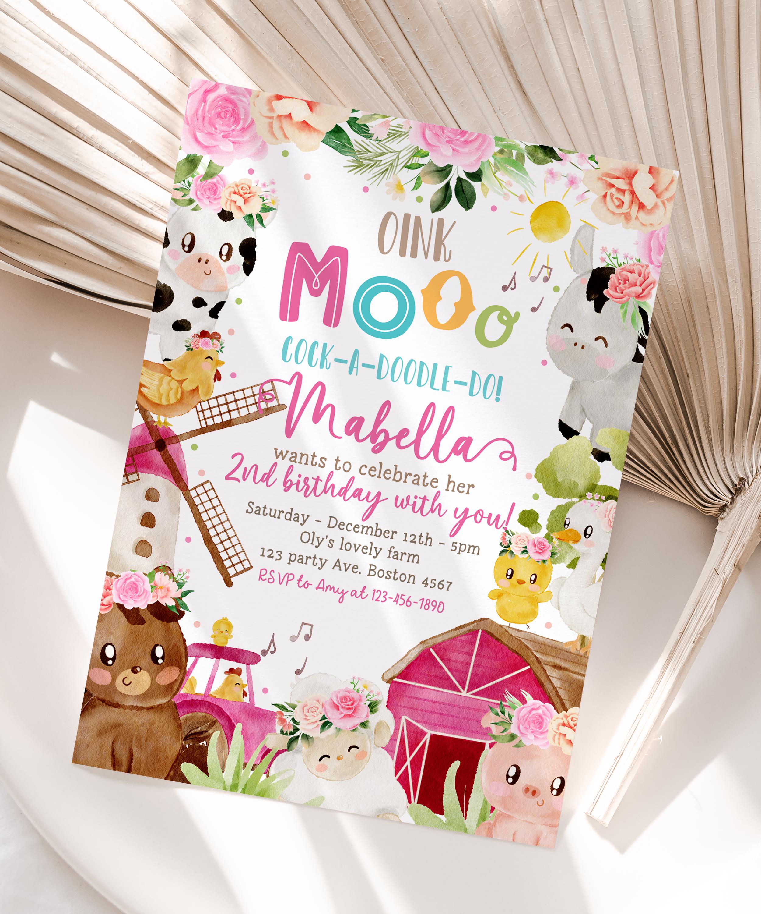 Girl Farm Birthday Invitation, Farm Animals Birthday Invitation, Farm ...