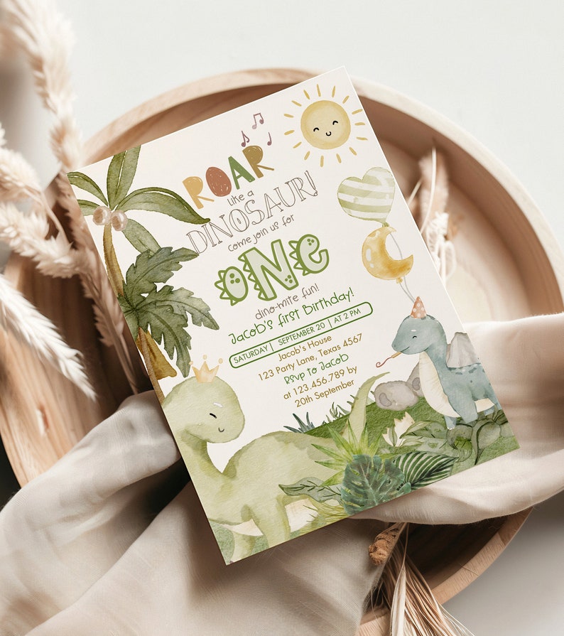 Dinosaur 1st Birthday Invitation Template: Editable Boy Party (digital ...