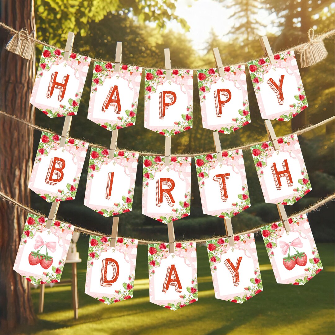Editable Berry First Birthday Bunting Banner: Strawberry Party Decor ...