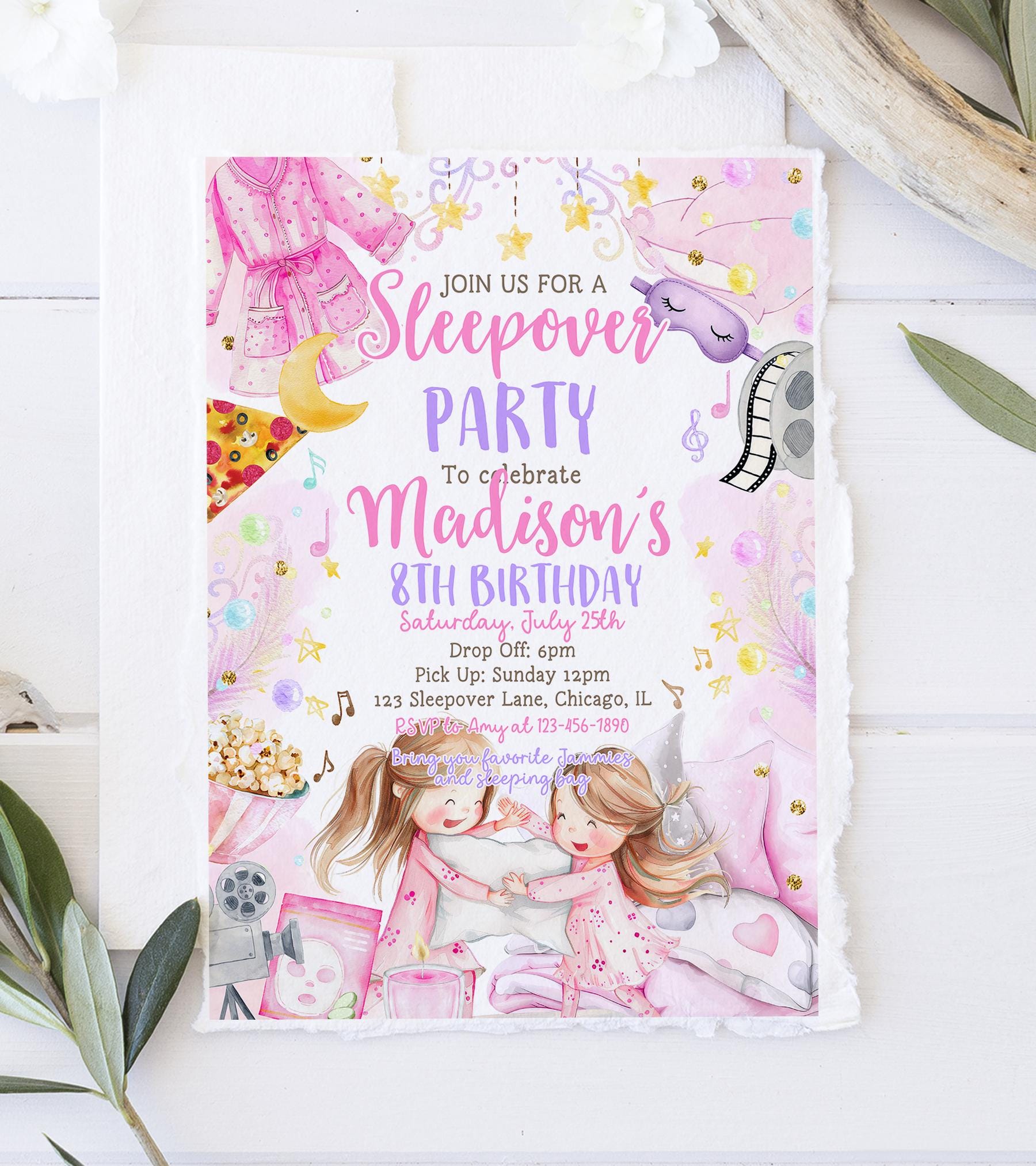 Editable Slumber Party Birthday Invitation, Girl Sleepover Party ...
