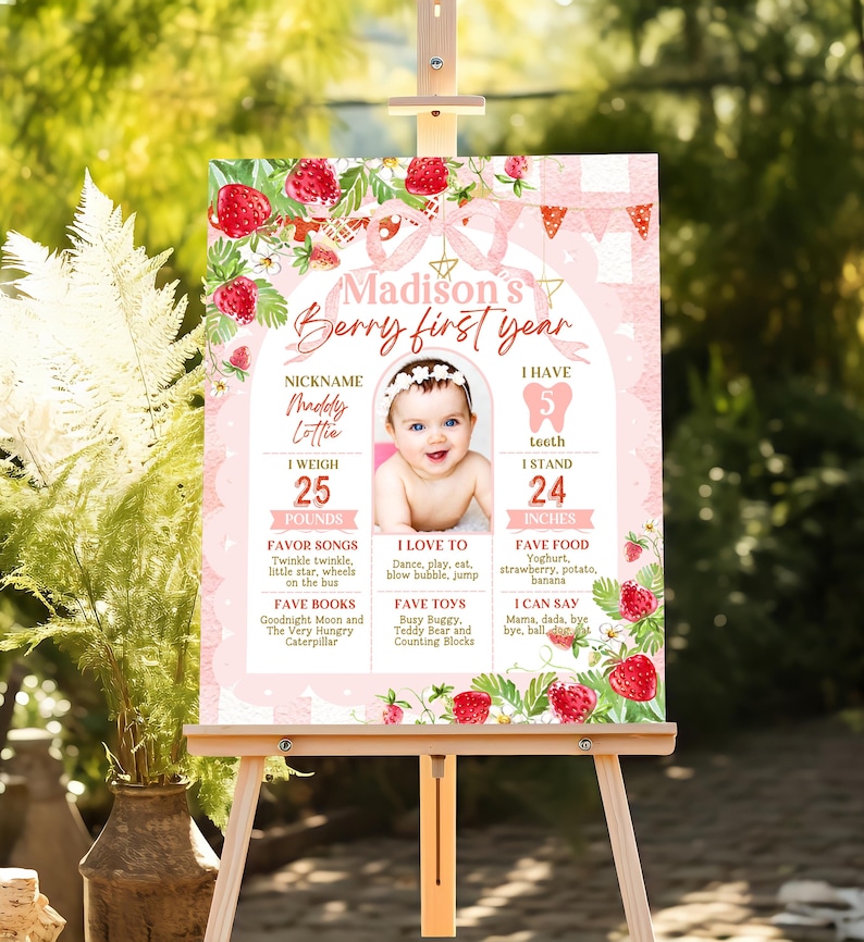 Editable Berry First Birthday Milestone Poster Sign, Strawberry 1st ...