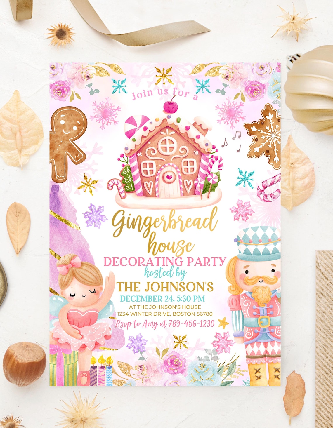 Gingerbread House Decorating Party Invitation, Pink Christmas (digital ...