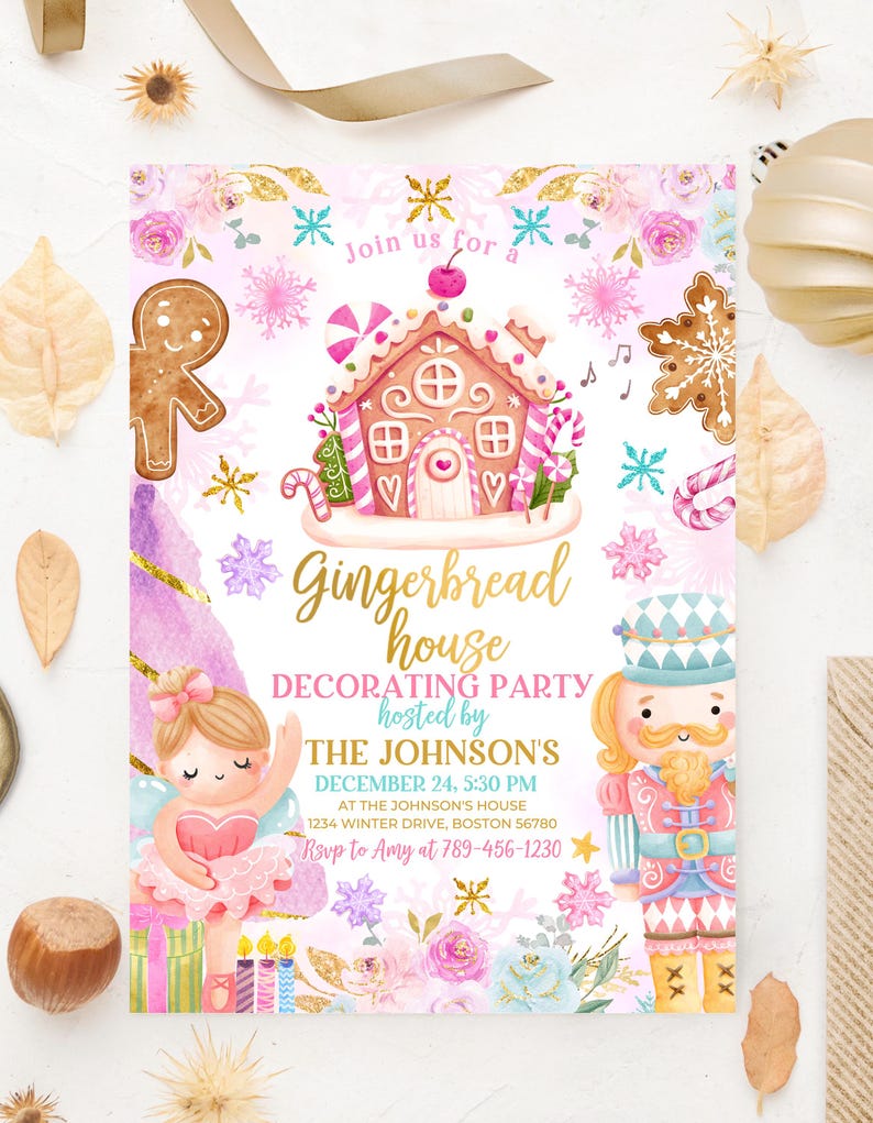 Gingerbread House Decorating Party Invitation, Pink Christmas (digital ...