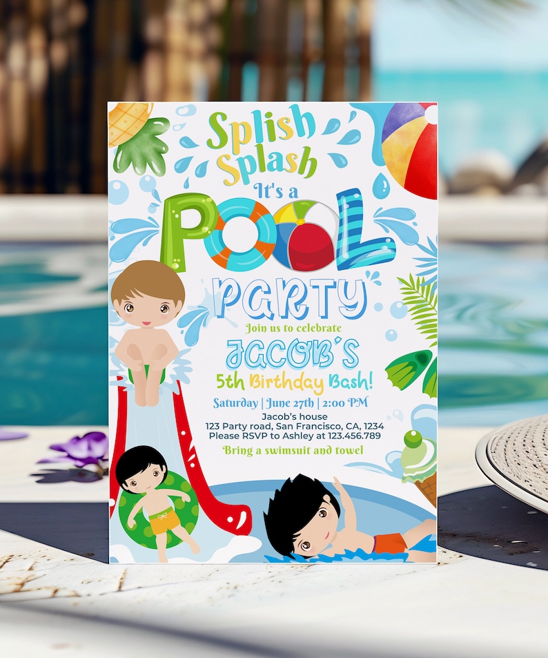 Editable Pool Party Birthday Invitation: Summer Beach Theme (digital ...