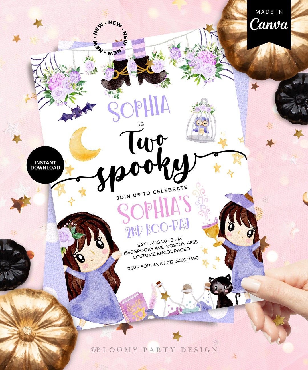 Spooky Two Birthday Invitation, Halloween Party, Witch Theme (digital ...