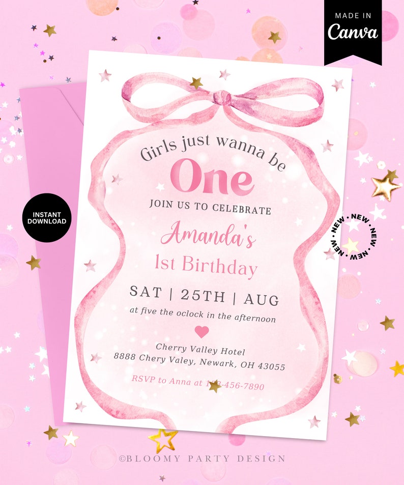 Pink Bow Birthday Invitation, Ribbon Blush Pink Birthday Invitation ...