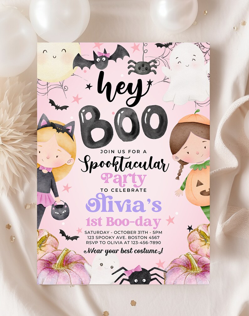 Halloween Pink Ghost Birthday Invitation, Hey Boo Ghost Party ...