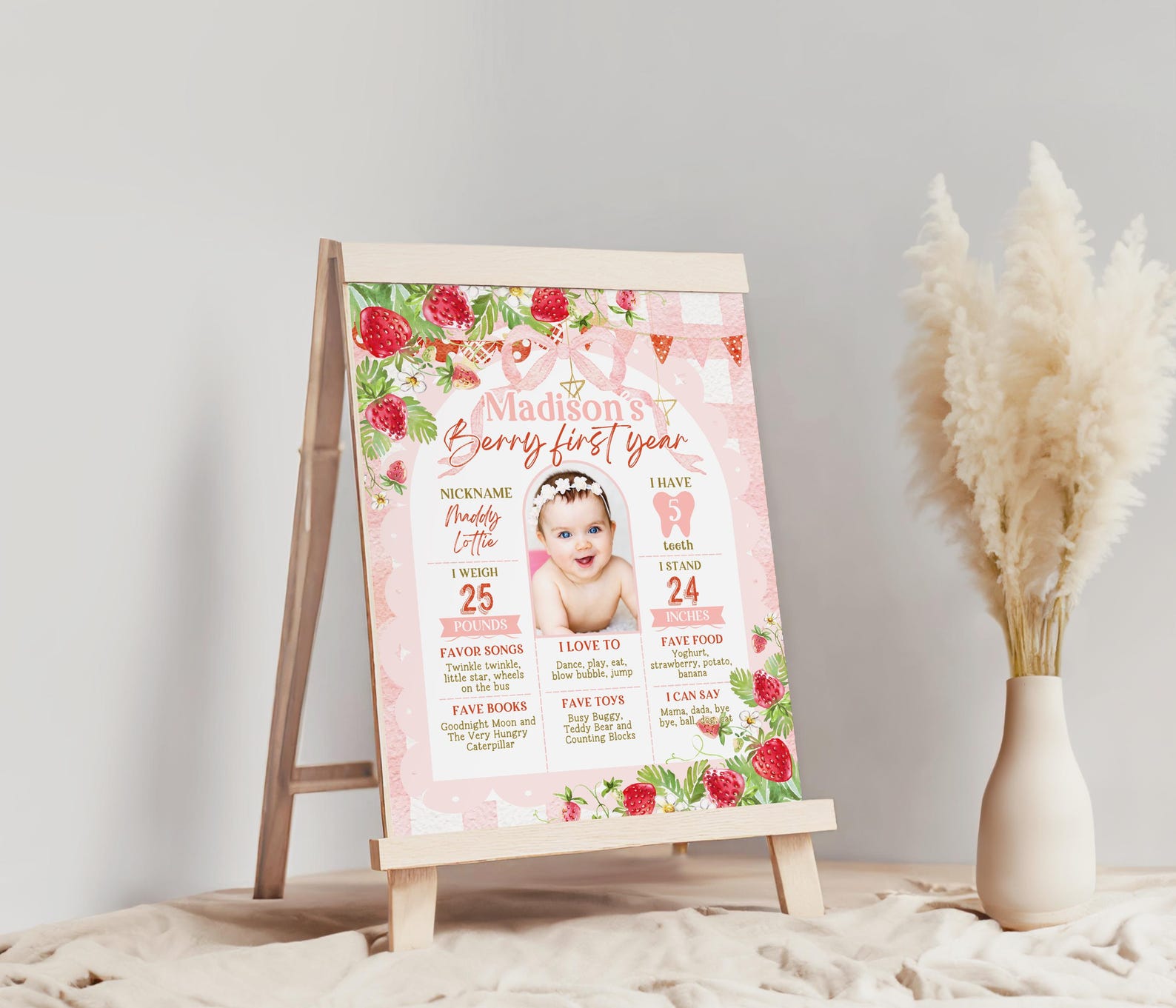 Editable Berry First Birthday Milestone Poster Sign, Strawberry 1st ...