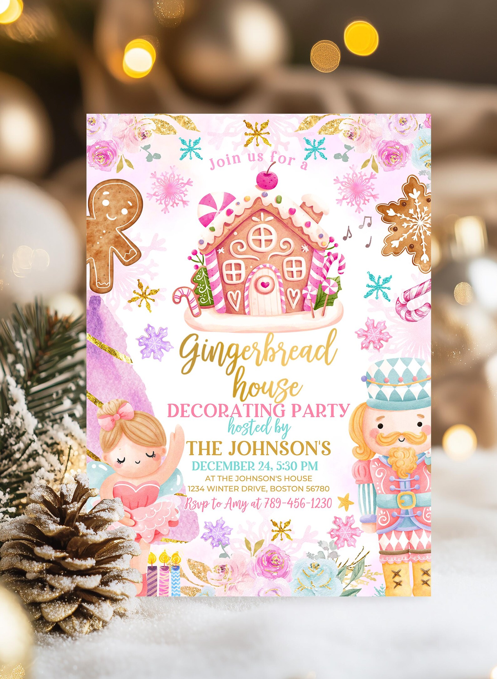 Gingerbread House Decorating Party Invitation, Pink Christmas (digital ...