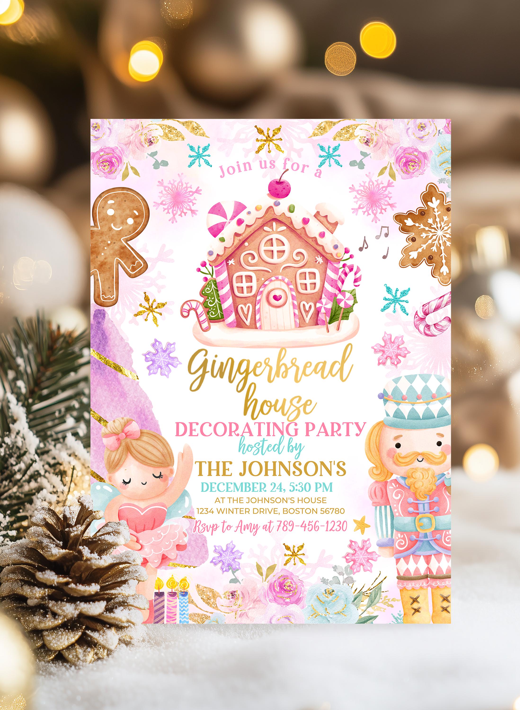 Gingerbread House Decorating Party Invitation, Pink Christmas (digital ...