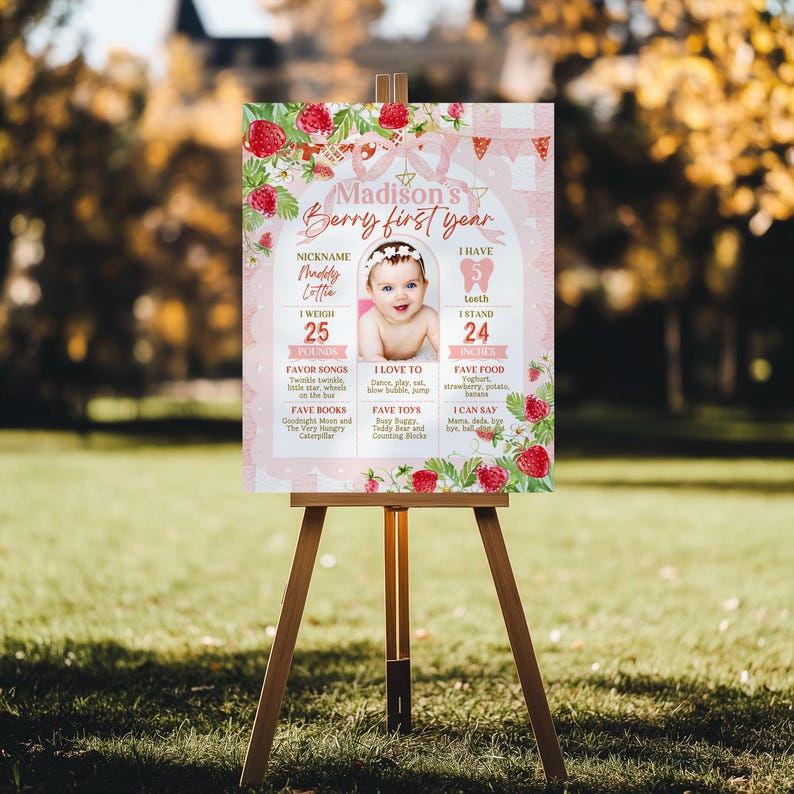 Editable Berry First Birthday Milestone Poster Sign, Strawberry 1st ...