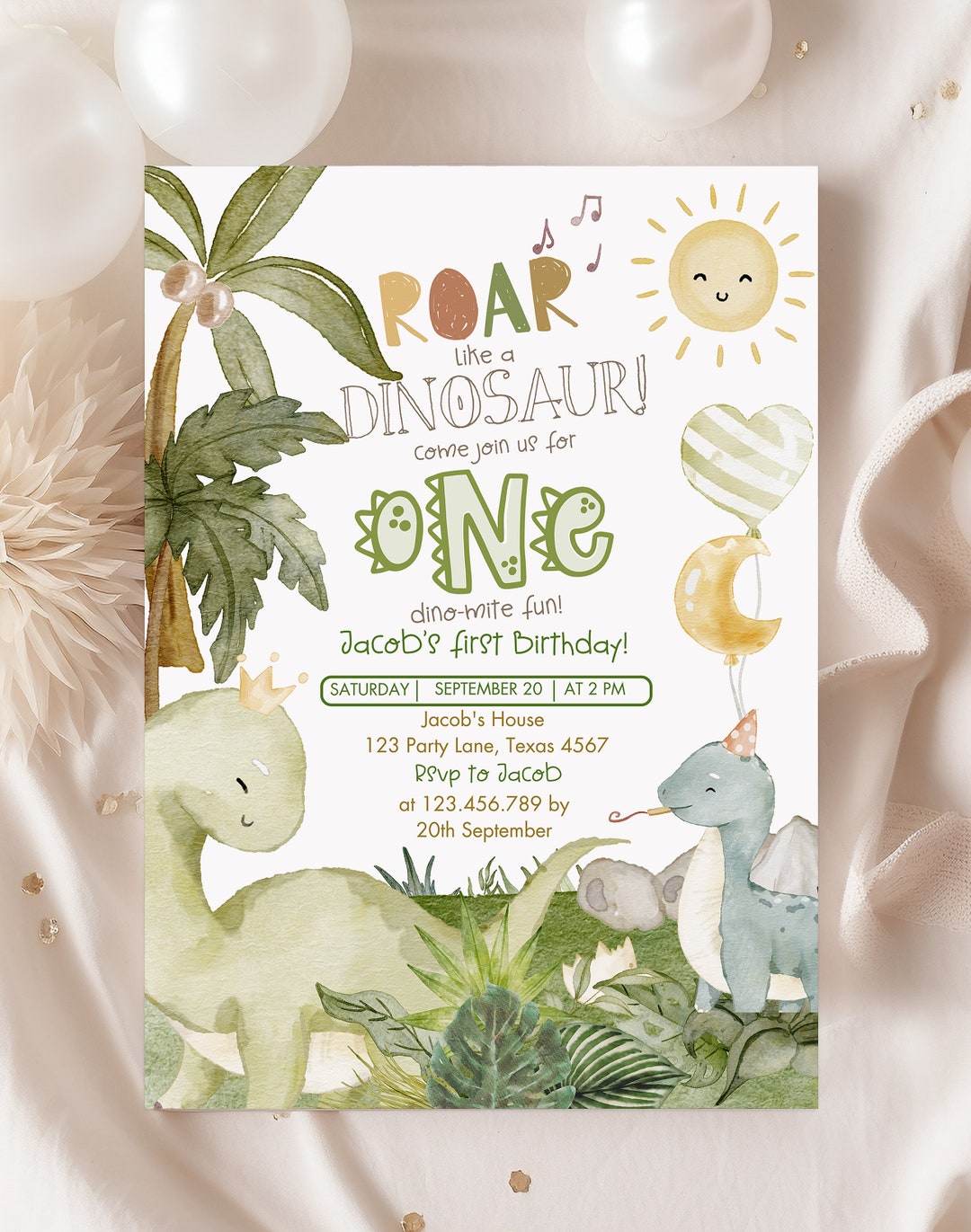 Editable Dinosaur First Birthday Invitation Template, Dinosaur 1st ...
