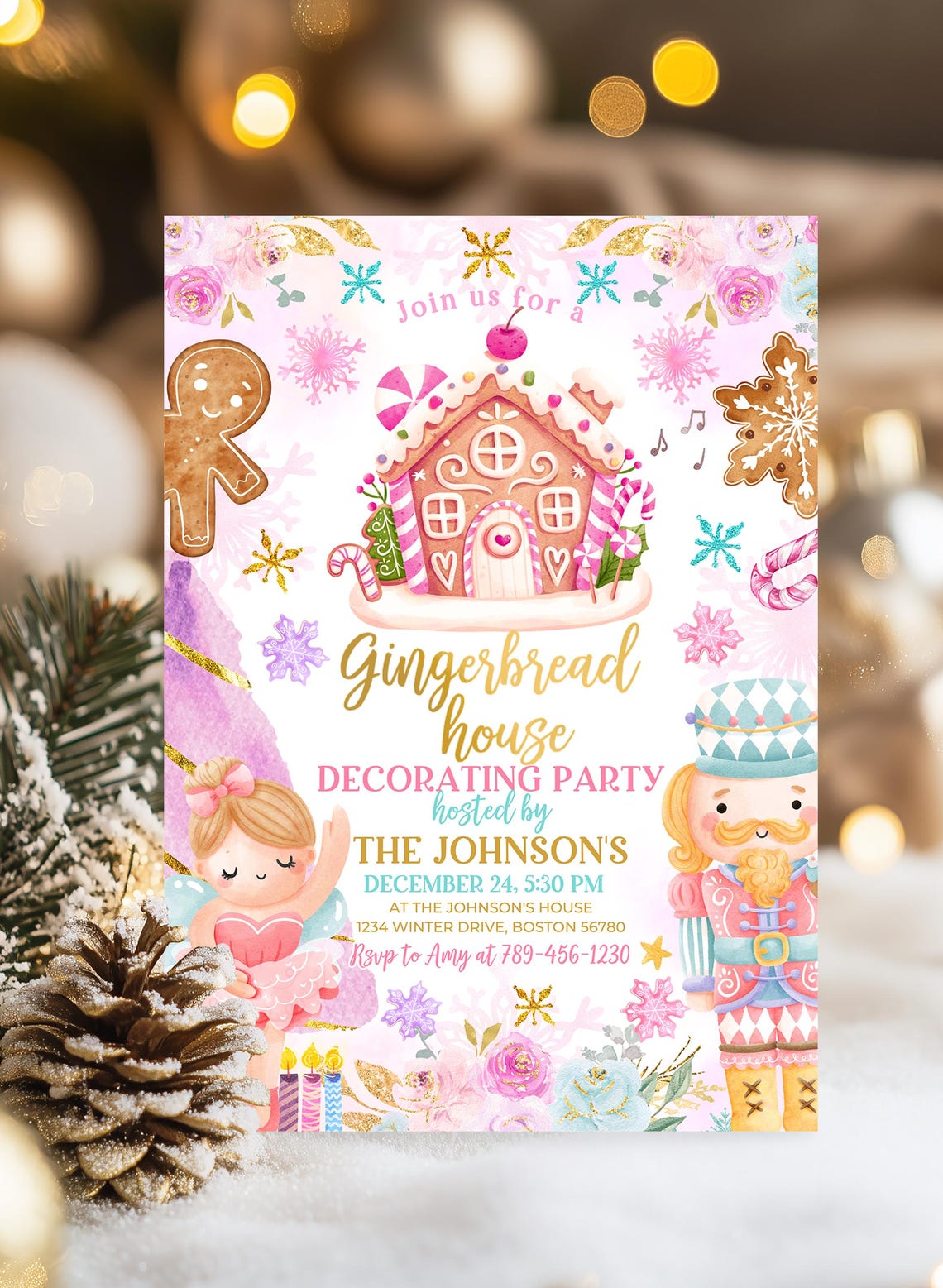Gingerbread House Decorating Party Invitation, Pink Christmas (digital ...