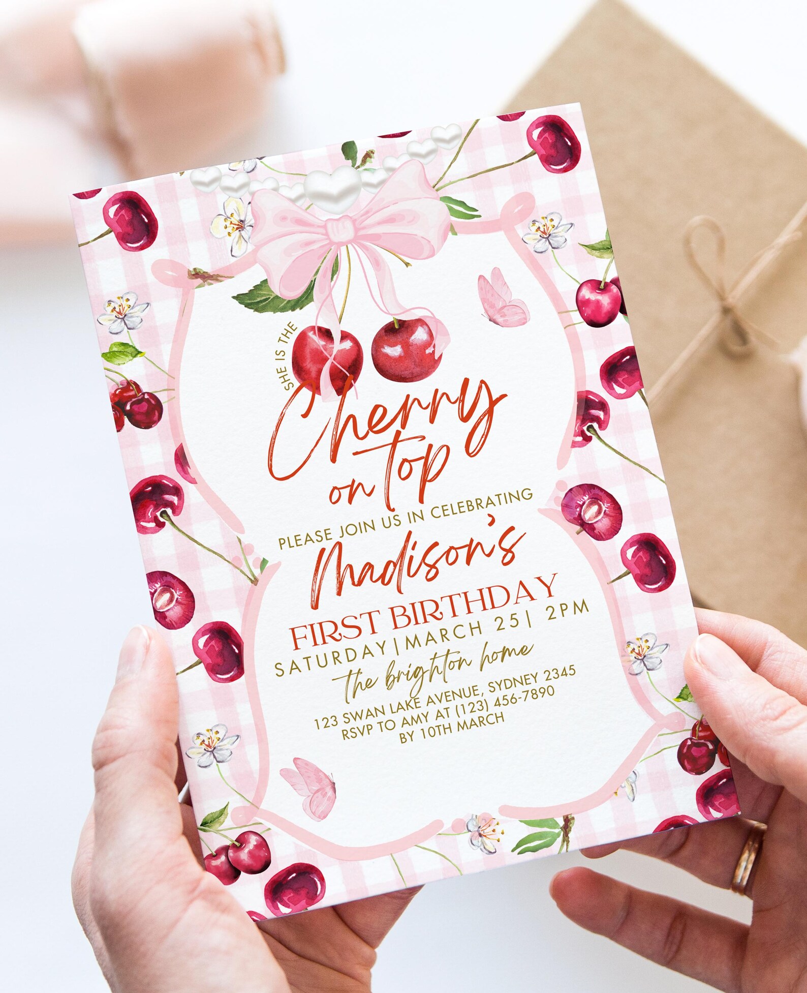 Editable Cherry Red 1st Birthday Girl Invitation, Cherry Blossom First ...
