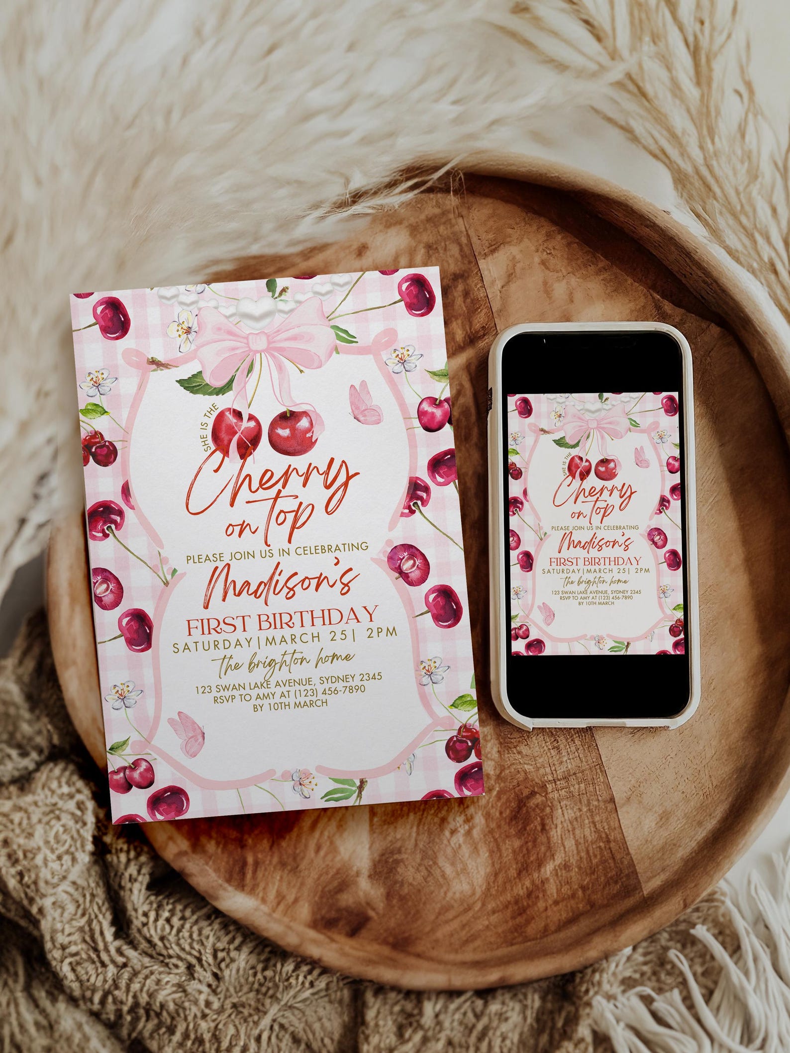 Editable Cherry Red 1st Birthday Girl Invitation, Cherry Blossom First ...