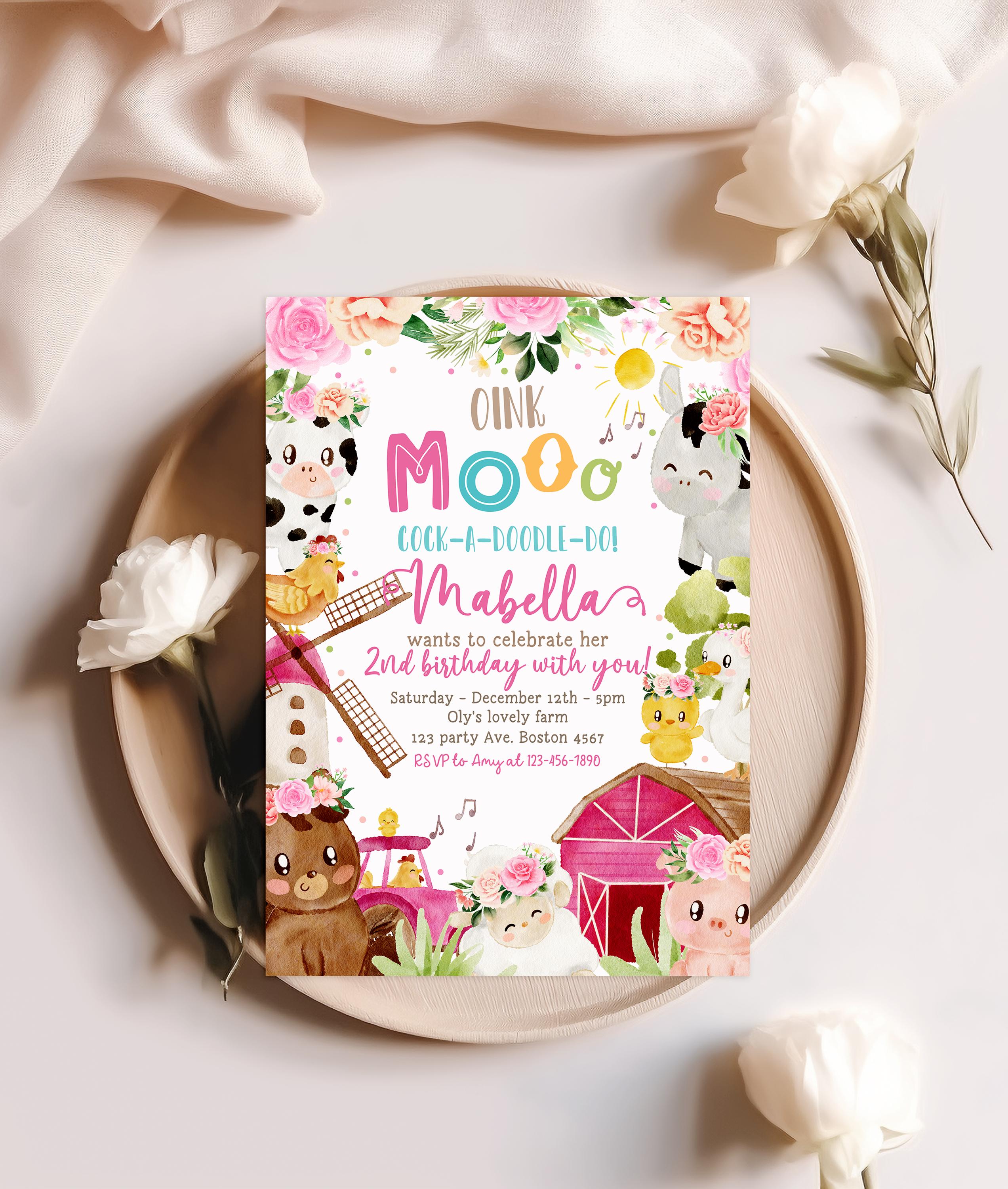 Girl Farm Birthday Invitation, Farm Animals Birthday Invitation, Farm ...