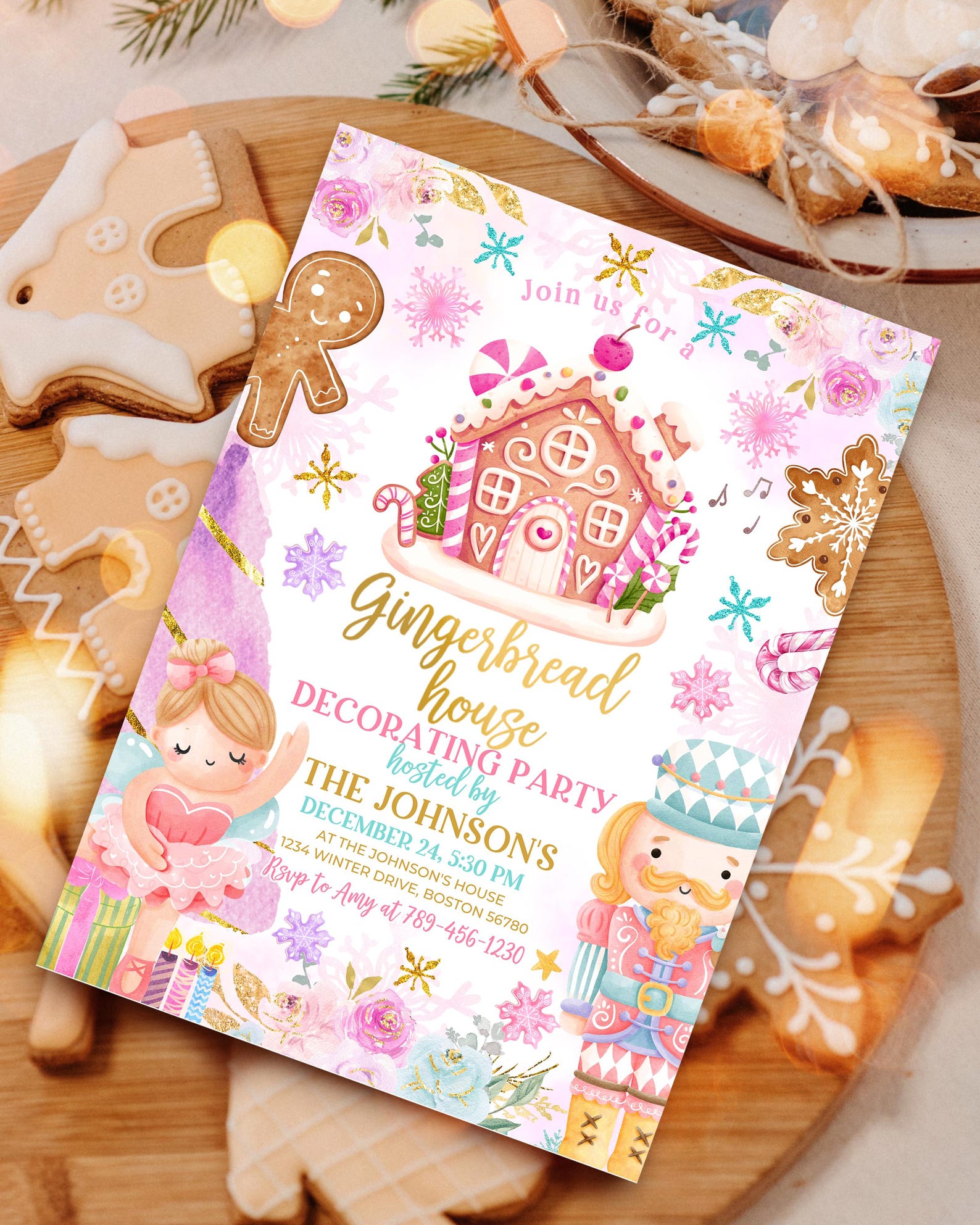 Gingerbread House Decorating Party Invitation, Pink Christmas (digital ...