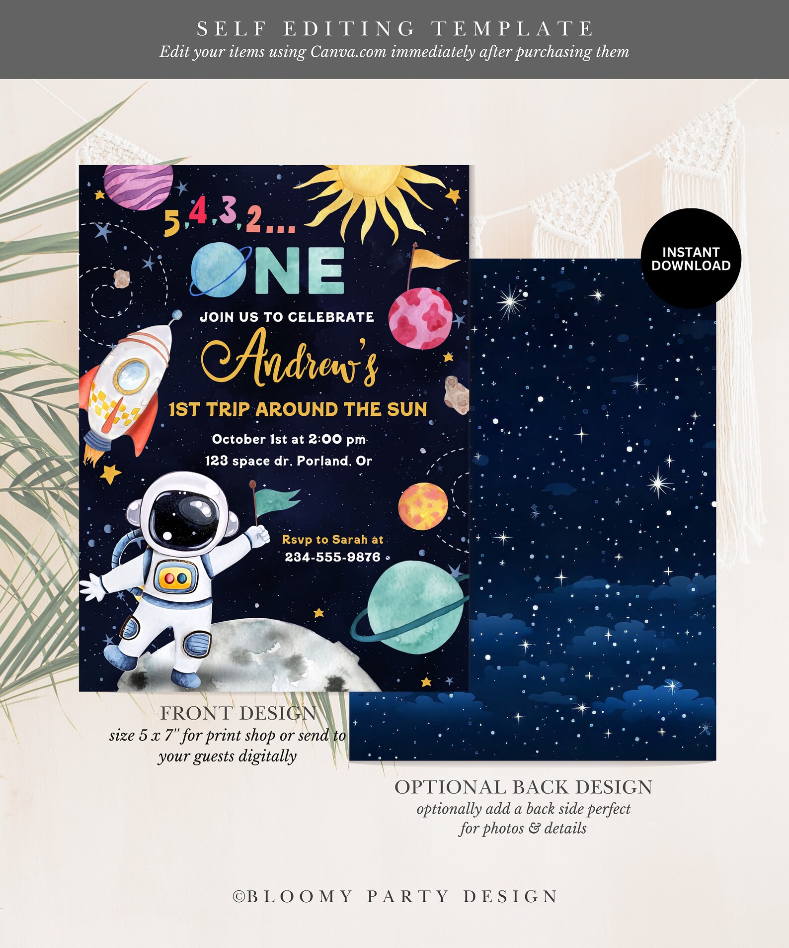 Editable Outer Space Birthday Invitation, Astronaut First Birthday ...