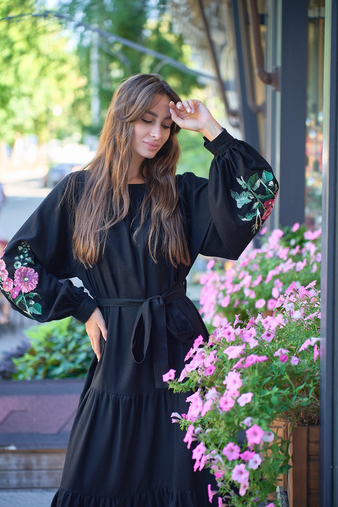 Linen Maxi Dress in Black Color With Floral Embroidery, Ukrainian ...