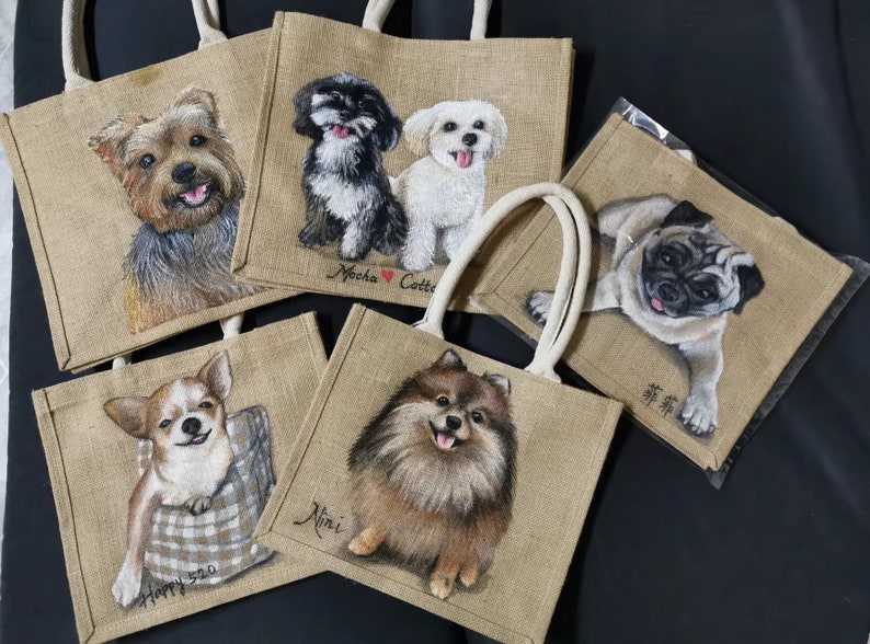 Custom Hand-painted Burlap Tote Bag Pet Portraits | Add Pet's Name ...