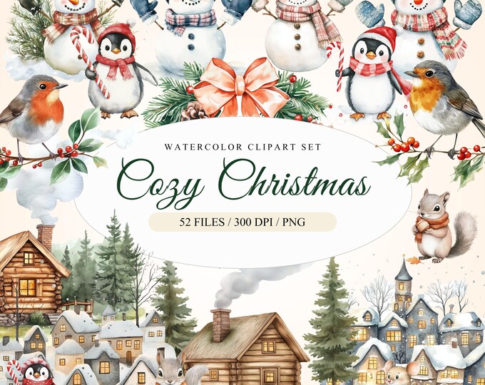 Cozy Christmas Clipart: Watercolor Holiday Illustrations (PNG Download ...