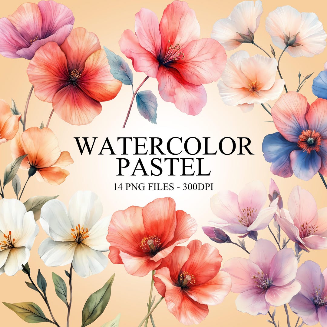 Watercolor Pastel Floral Clipart: Soft Flower Illustrations (JPG/PNG ...