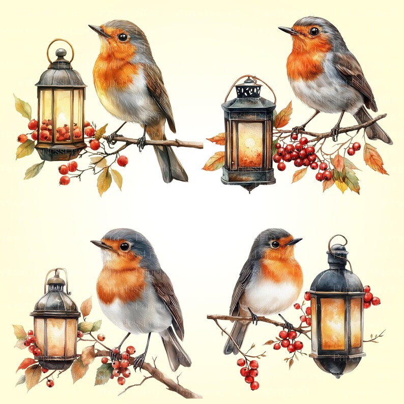 Watercolor Robin With Lantern Clipart: Christmas Bird Art (digital ...