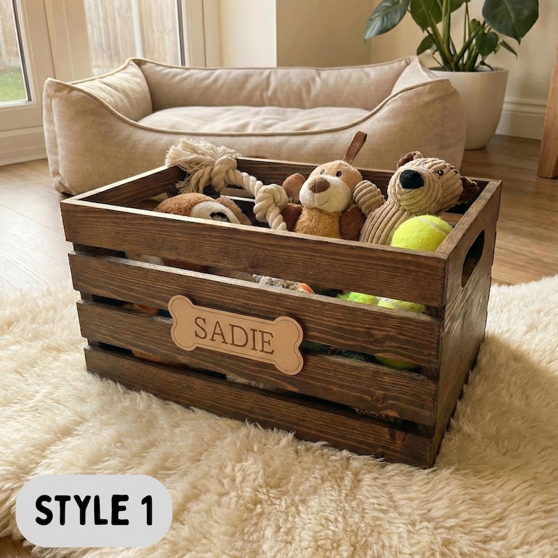 Personalized Dog Toy Box, Wooden Dog Toy Storage Crate, Custom Pet Toy ...