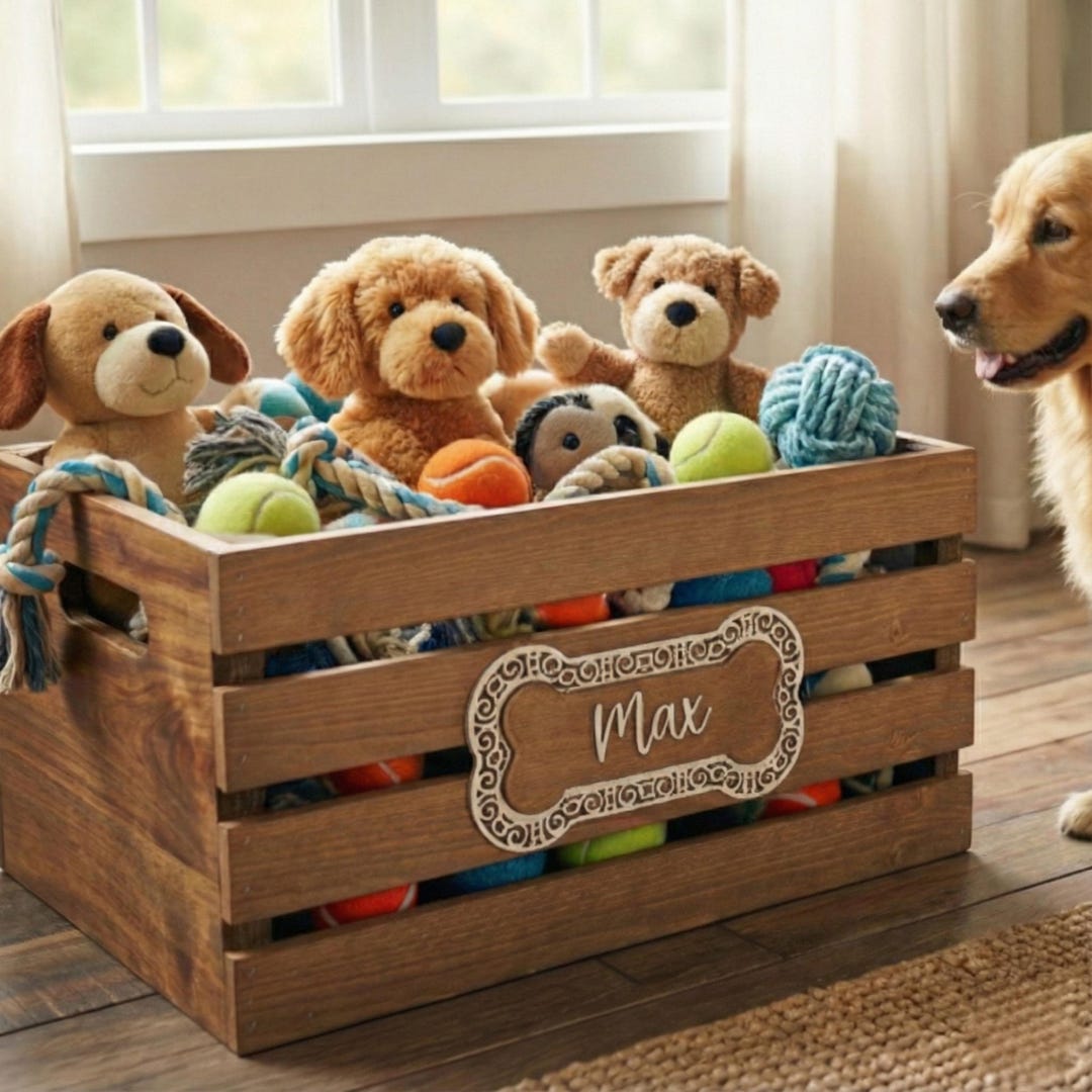 Personalized Dog Toy Box, Wood Pet Toy Storage Crate, Custom Dog Name ...