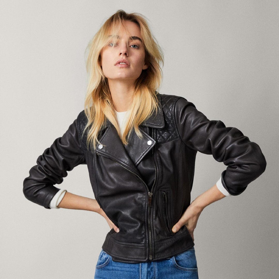 Quilted Shoulder Black Leather Jacket: Women's Sheepskin Biker ...