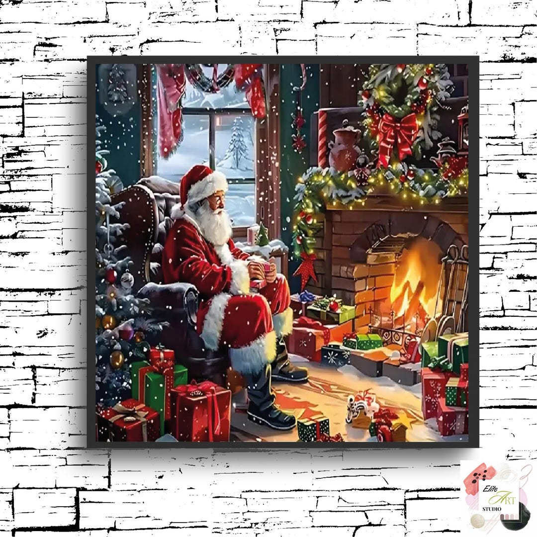 Paint by Number Christmas Scene Santa by the Fireplace With Gifts Under ...