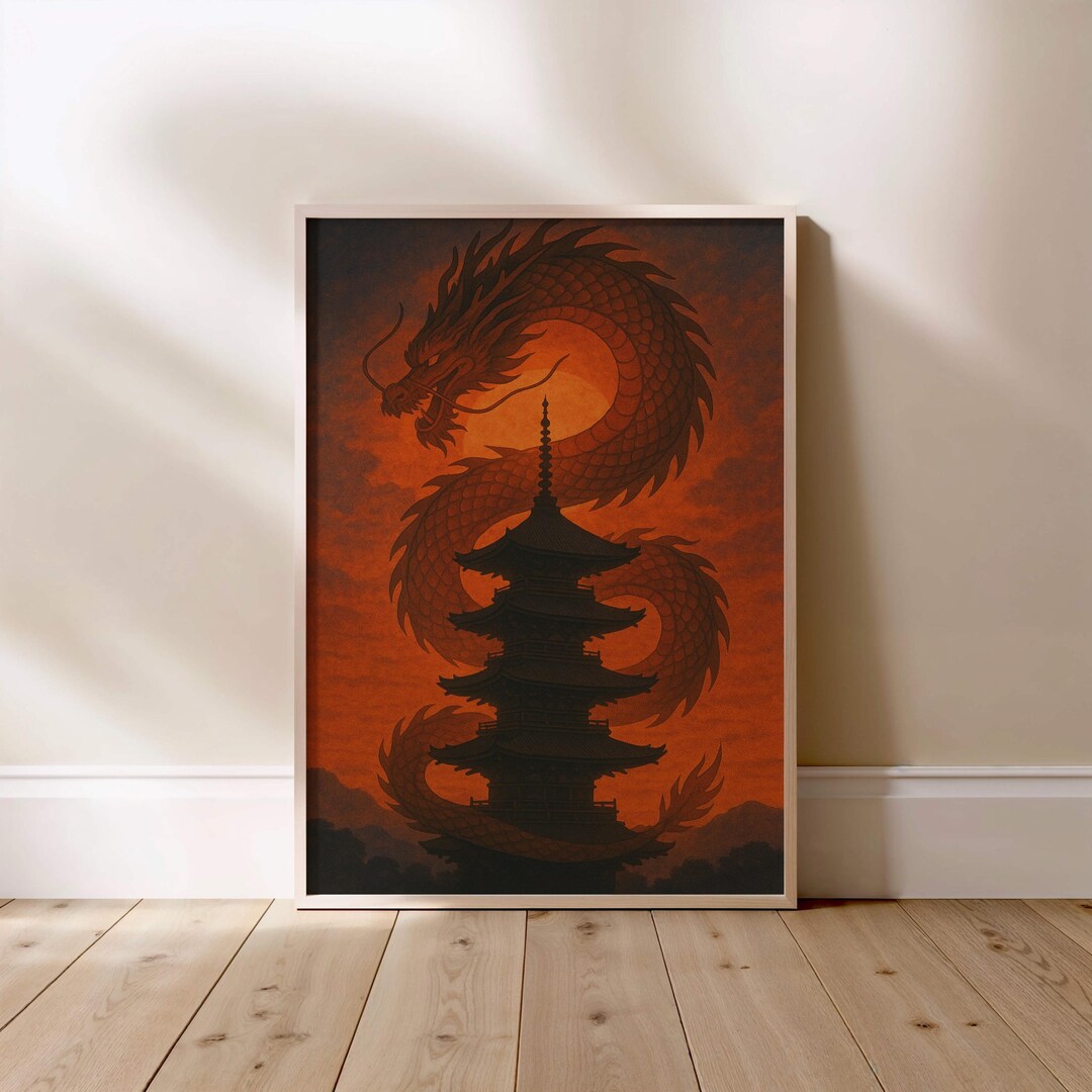 Red Dragon Over Japanese Pagoda Sunset Wall Art Print - Etsy