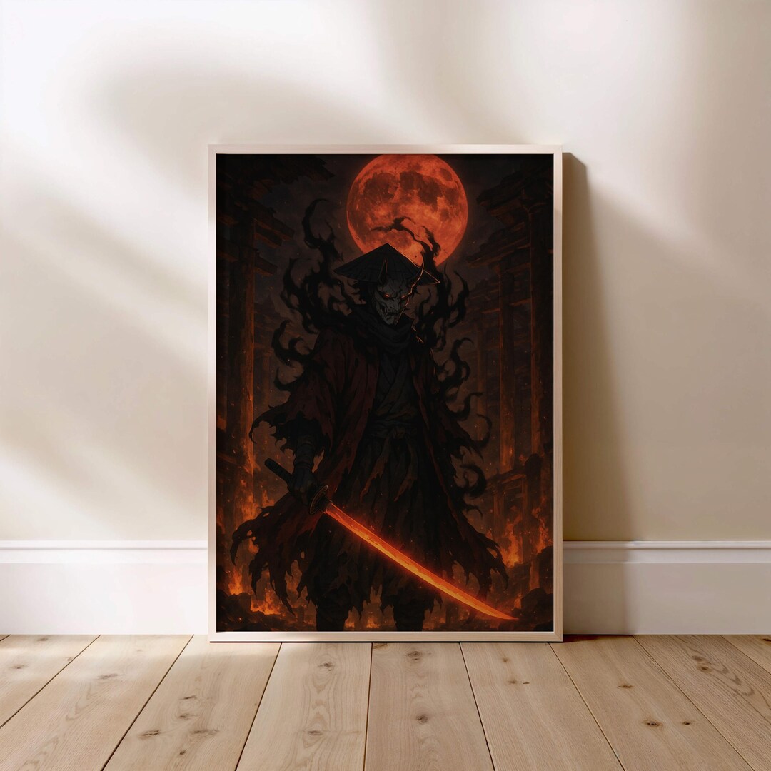 Oni Samurai Wall Art Demon Warrior With Red Katana and Mask, Blood Moon ...
