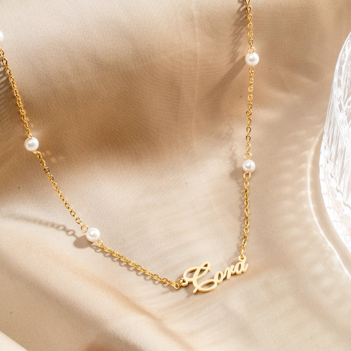Custom Gold Pearl Name Necklace, Personalized Name Necklace, 18K Gold ...