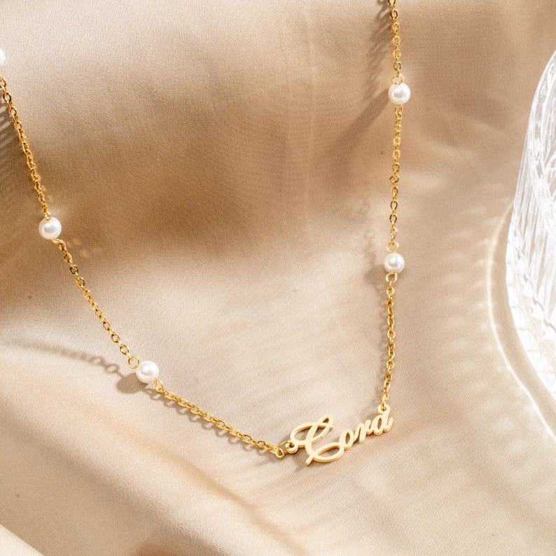 Custom Gold Pearl Name Necklace, Personalized Name Necklace, 18K Gold ...
