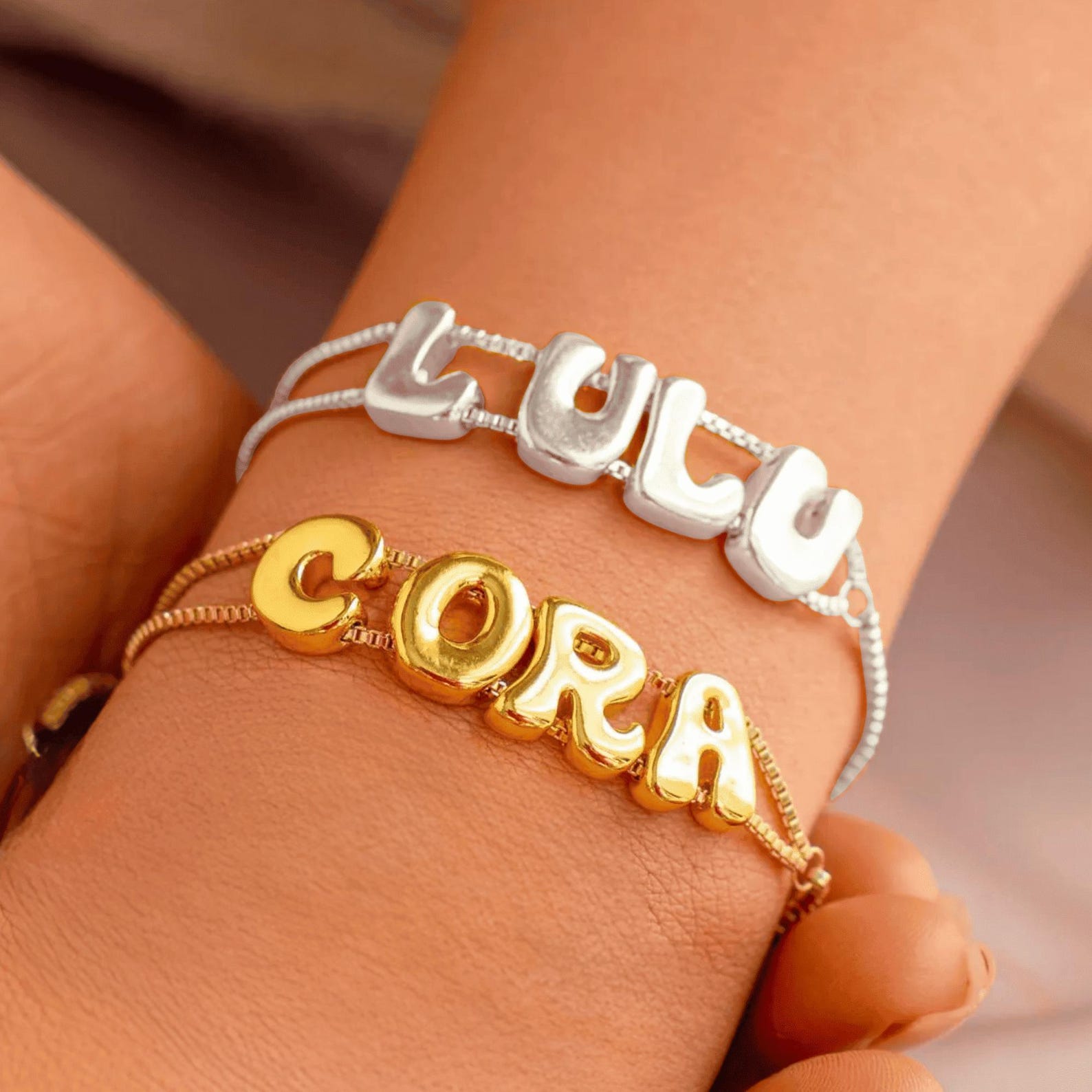 18k Gold Bubble Name Bracelets • Custom Name Cuff Bracelet • Balloon ...