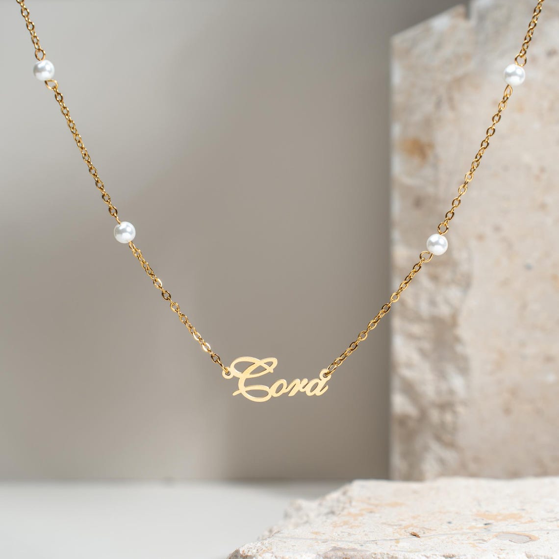 Custom Gold Pearl Name Necklace, Personalized Name Necklace, 18K Gold ...