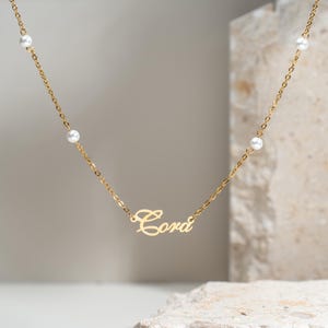 Custom Gold Pearl Name Necklace, Personalized Name Necklace, 18K Gold ...